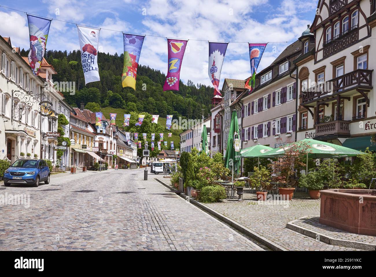 Old town, historical buildings, town festival, flags for the town ...