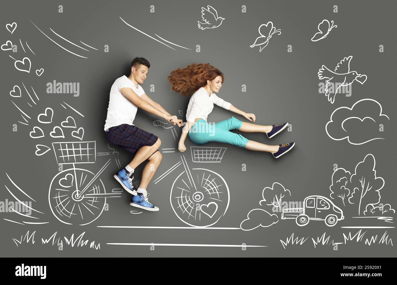 Happy Valentine's Day love story concept of a romantic couple on chalk ...