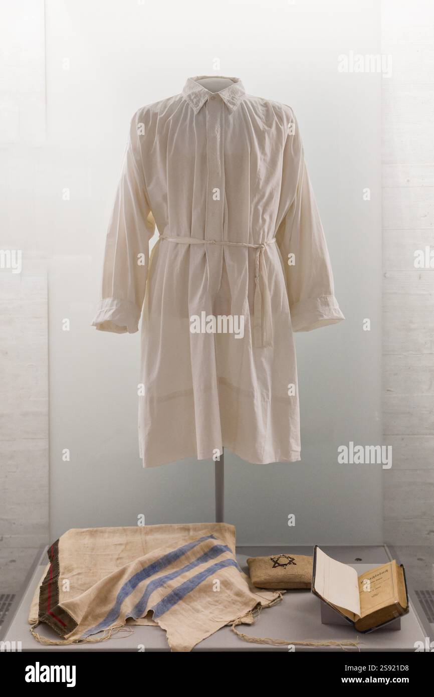 Prayer clothes on display, Bergen-Belsen concentration camp, Lower ...