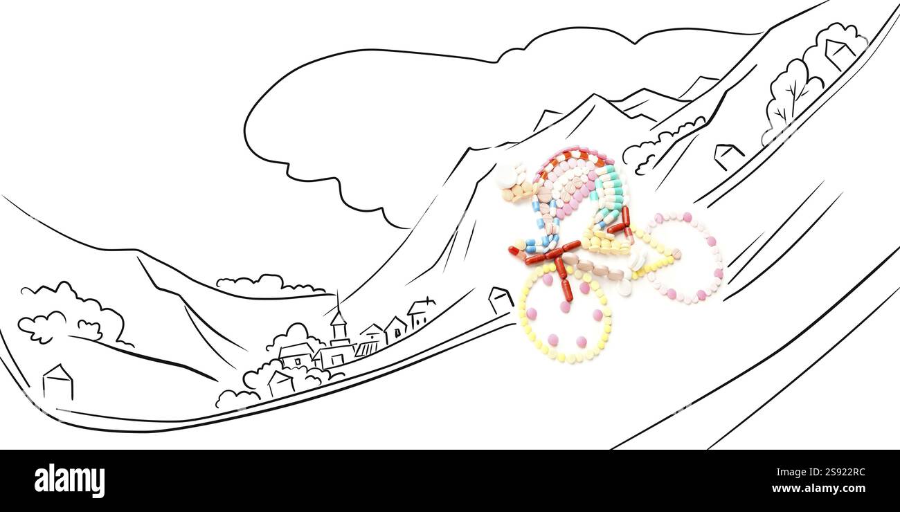 Doping agents and pills in the form of a racing cyclist on a race track ...