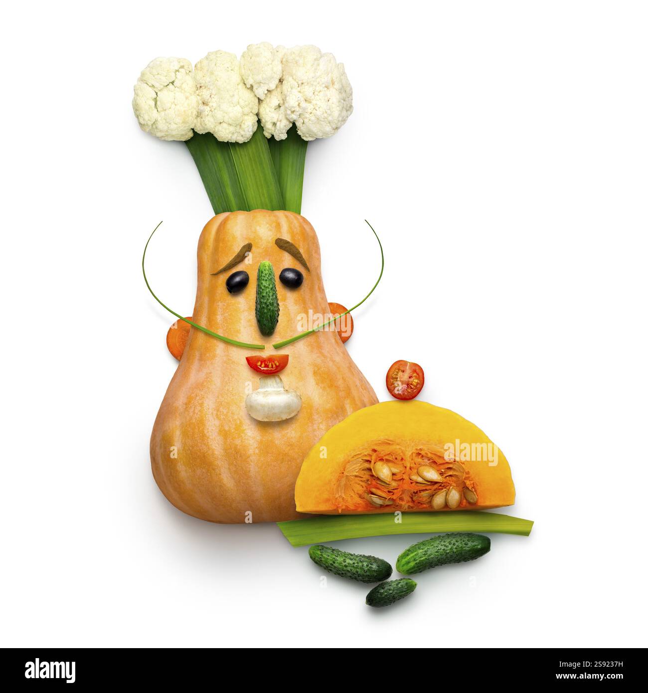 Creative food concept of a funny cartoon chef made of vegetables on a ...