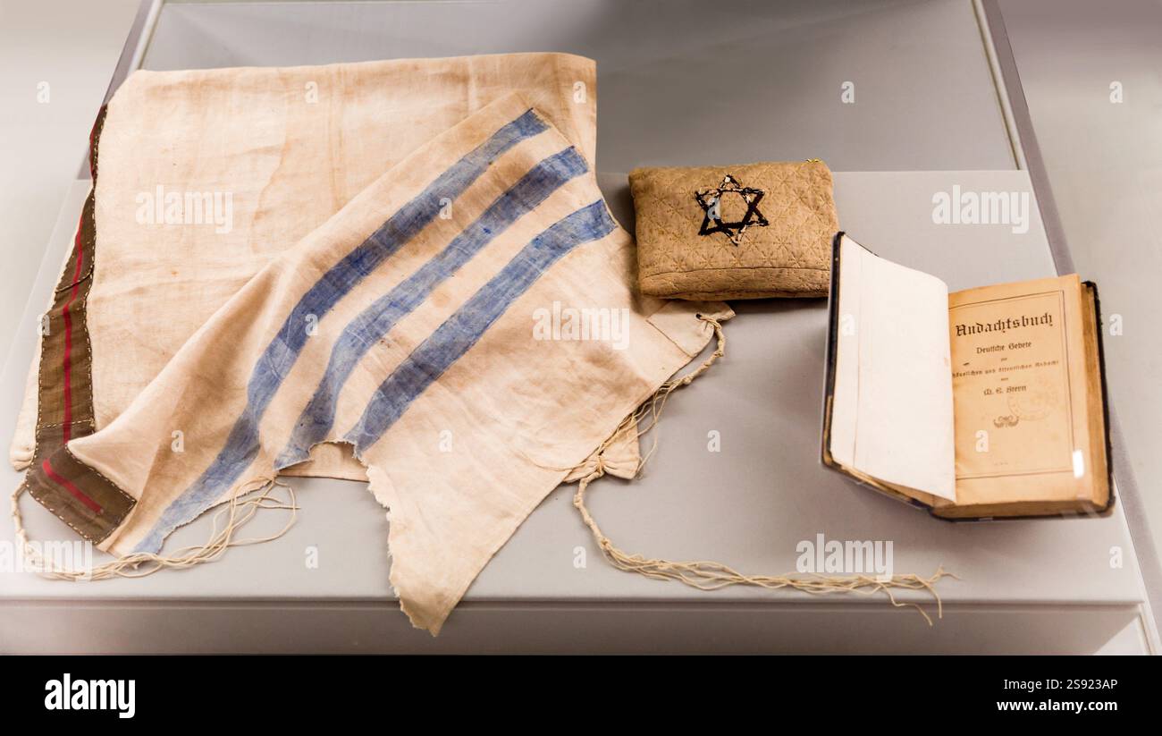 Exhibited objects in a display case from concentration camp prisoners ...