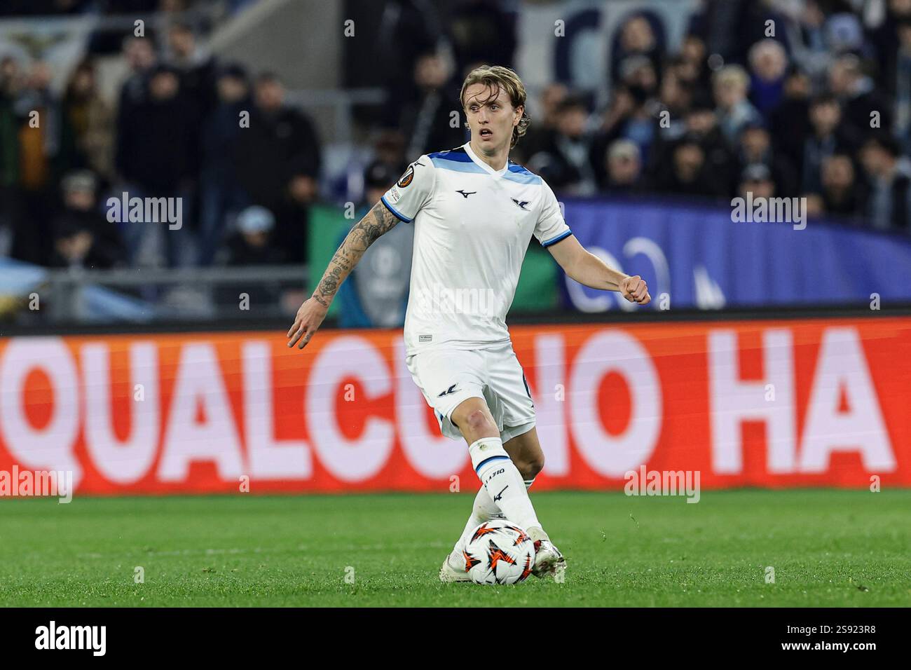 Lazio's Italian midfielder Nicolo Rovella controls the ball during UEFA Europa League phase ...