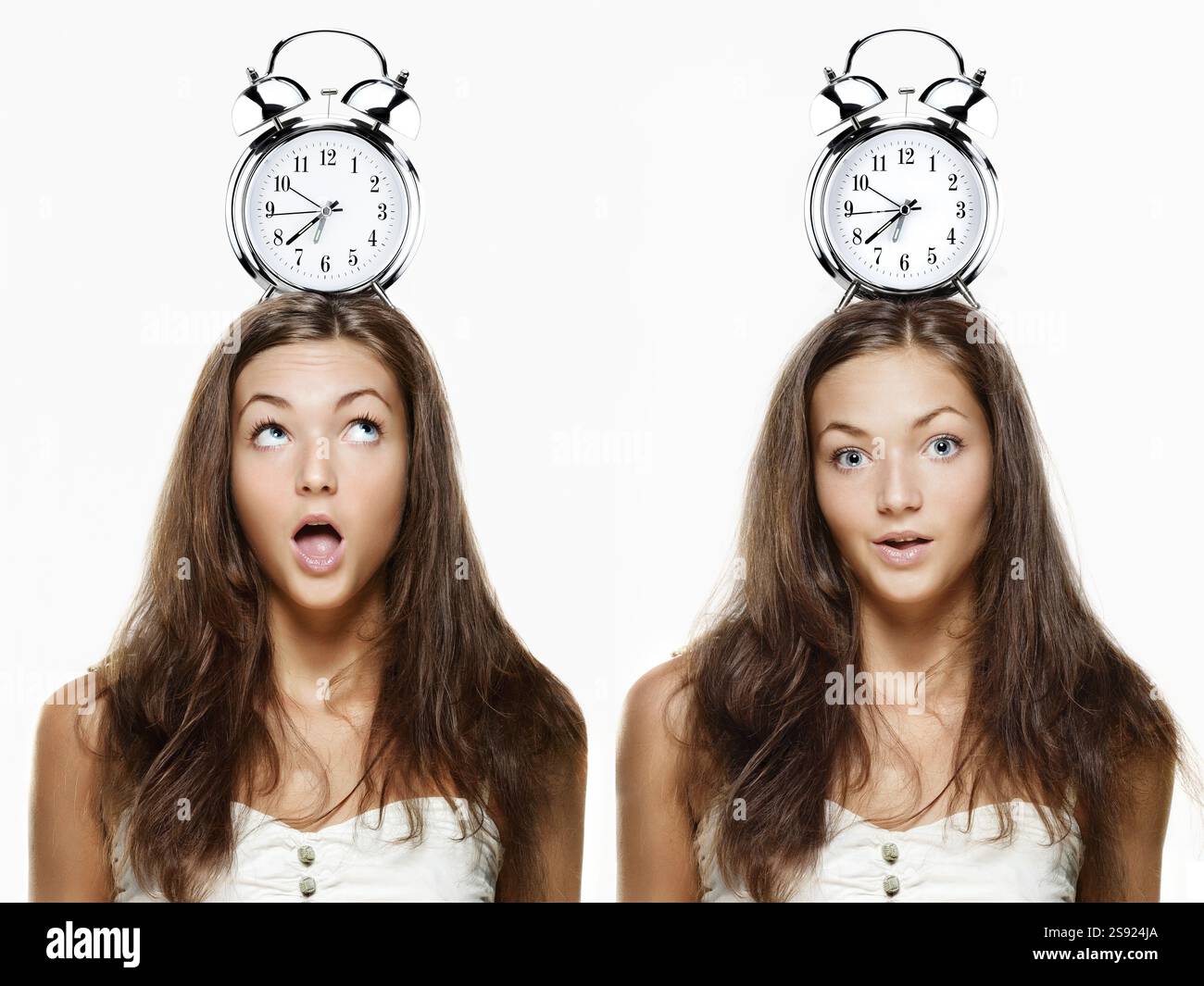 Photo series of a young woman who is late in the morning and wears a ...