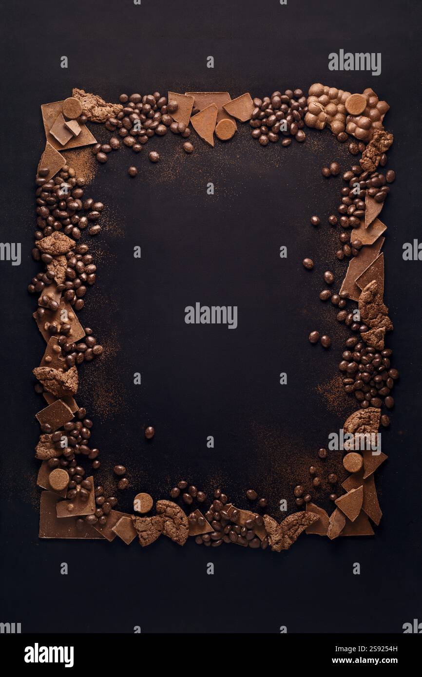 Creative concept photo of chocolate frame on black background Stock ...
