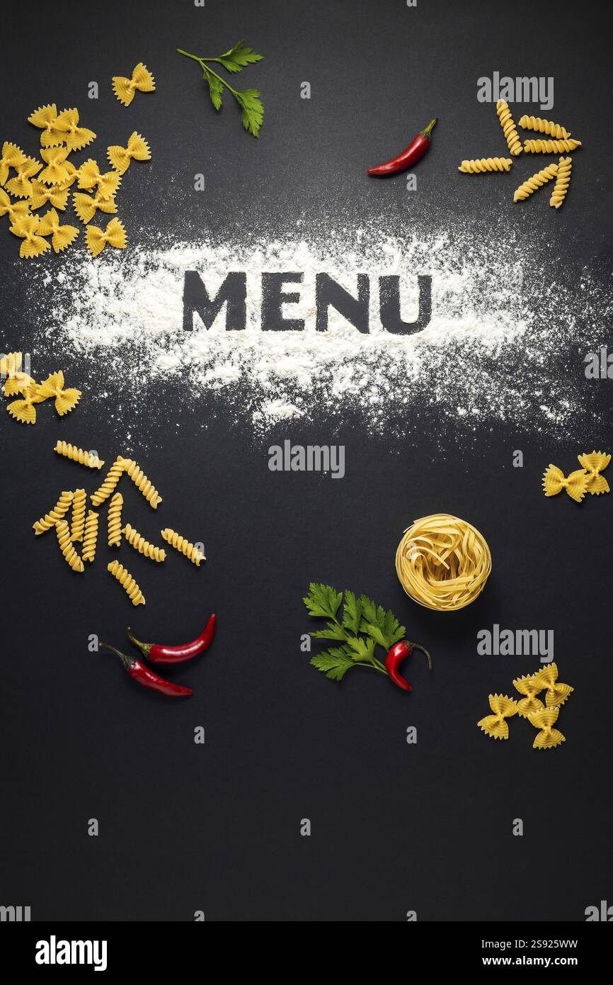 Creative concept photo of Italian pasta ingredients menu on black ...