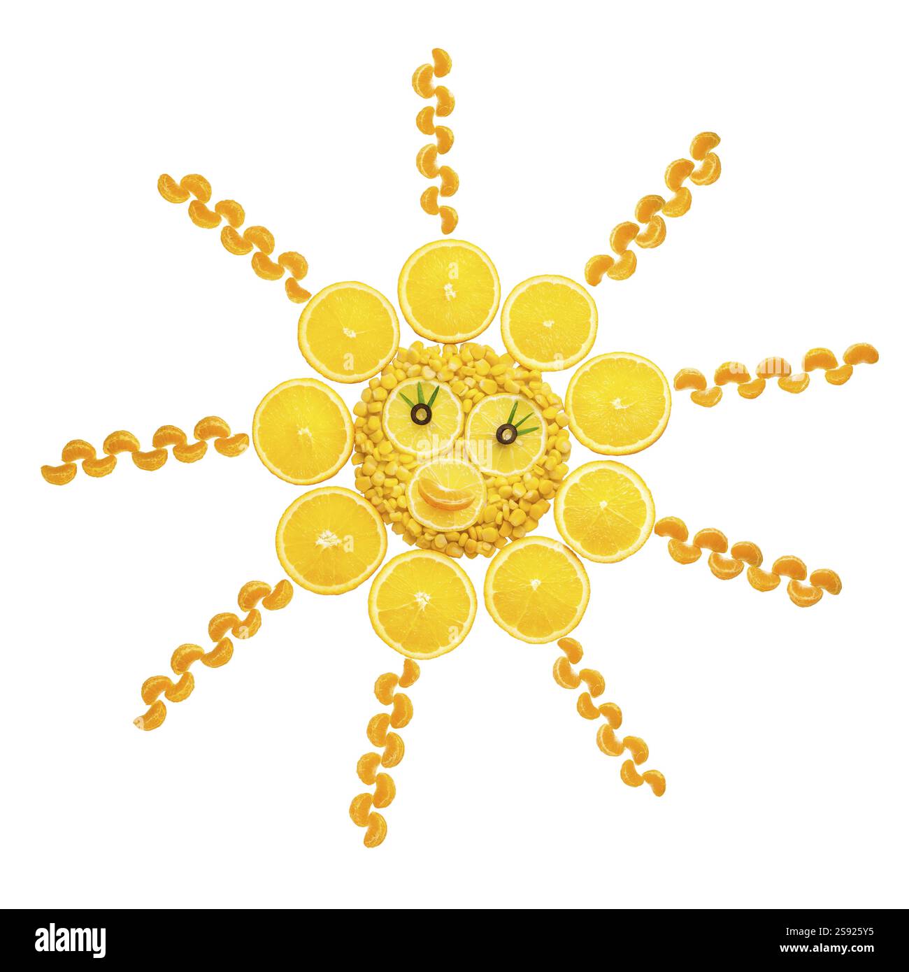 Creative concept photo of the sun made of fruit and vegetables on a ...