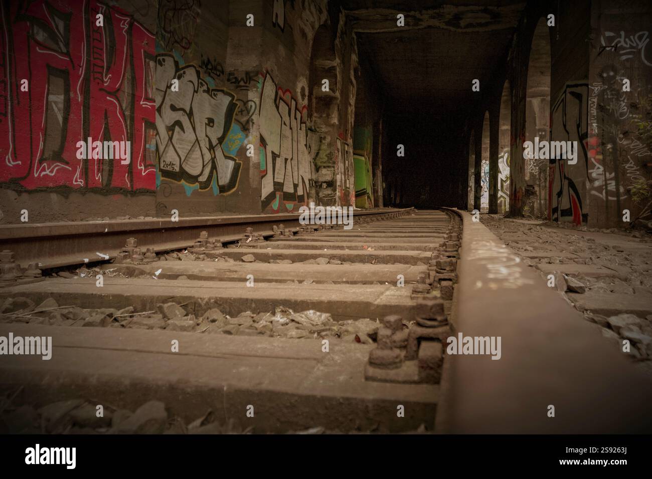 Tracks lead through a tunnel lined with graffiti in an urban ...