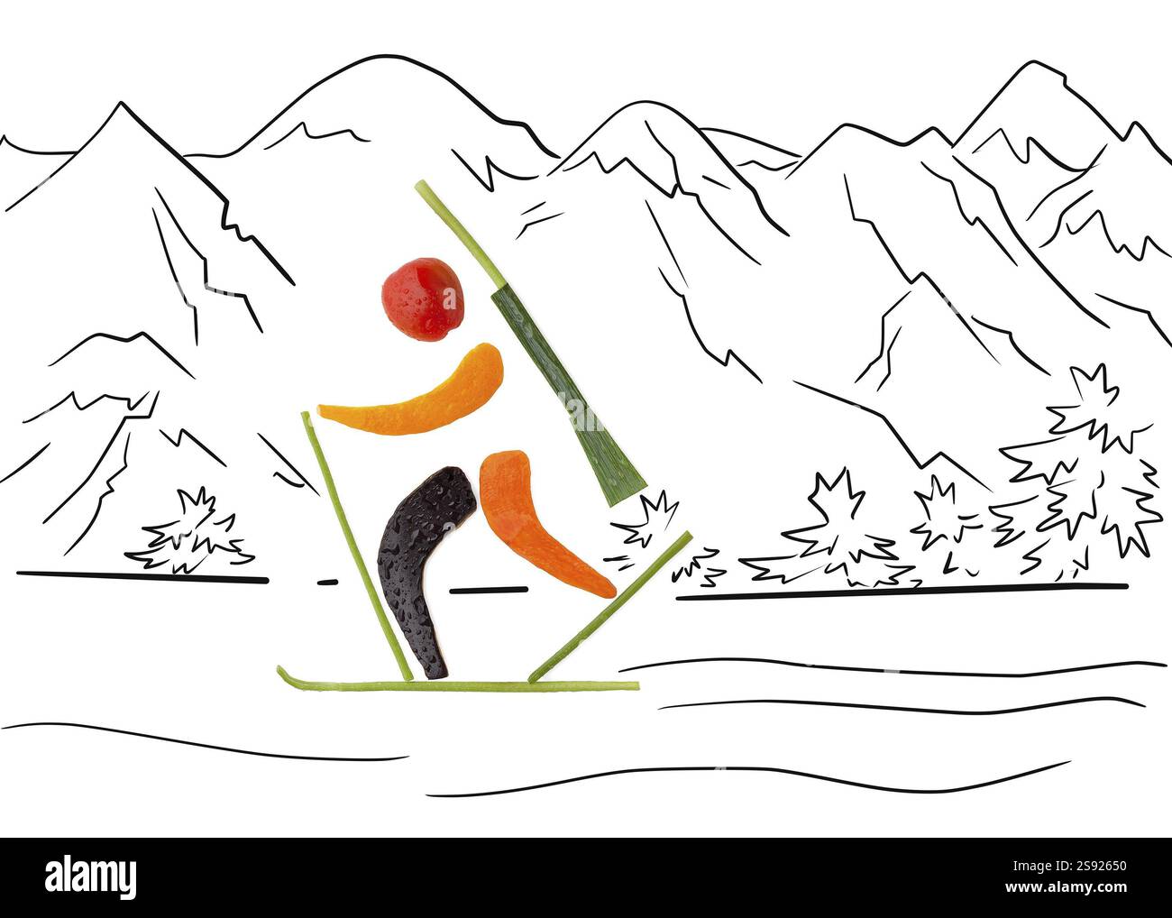 Fruit and vegetables in the shape of a biathlete completing a penalty ...