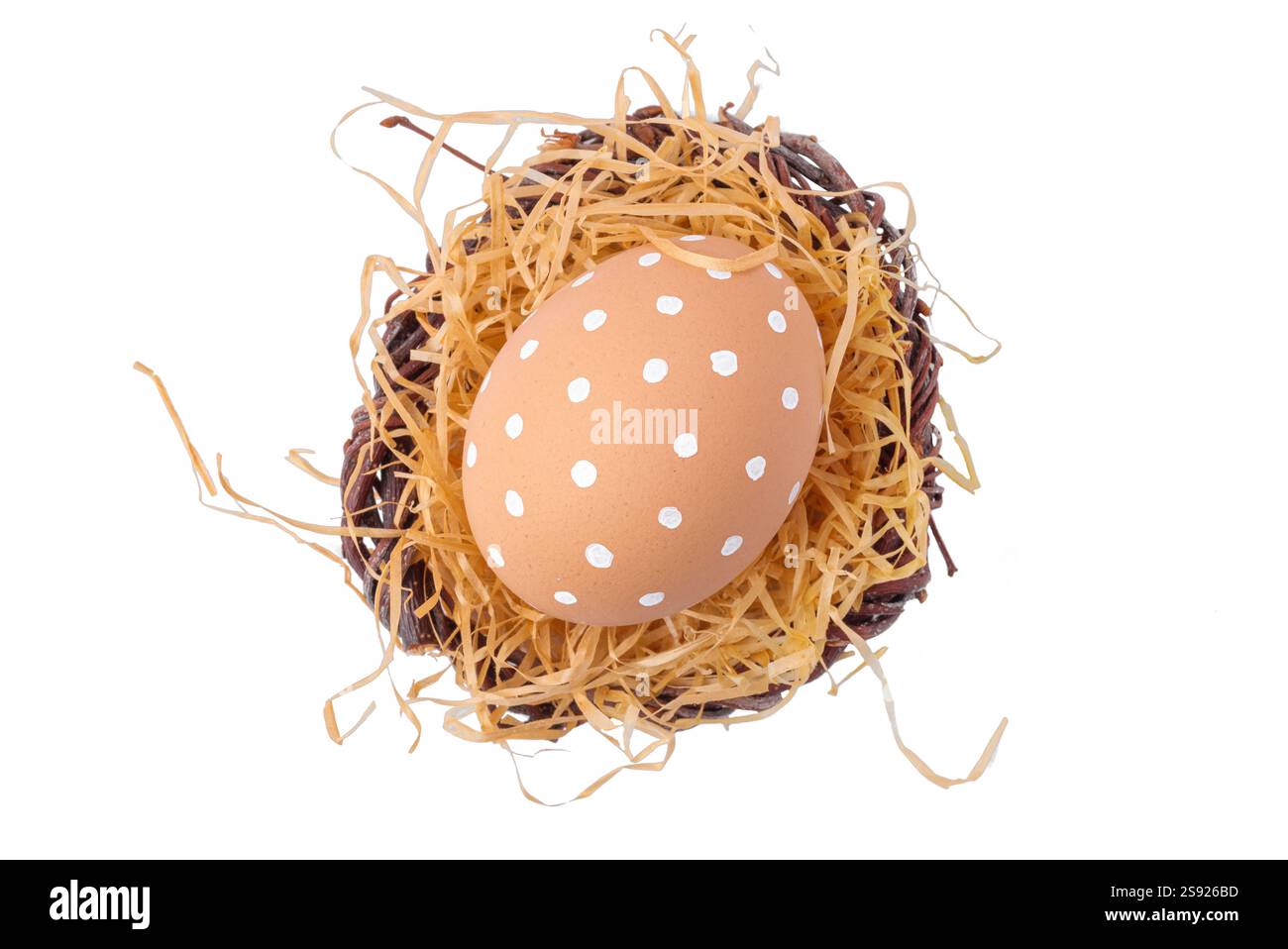 One Easter egg with a white ornament in a nest with straw isolated on a ...