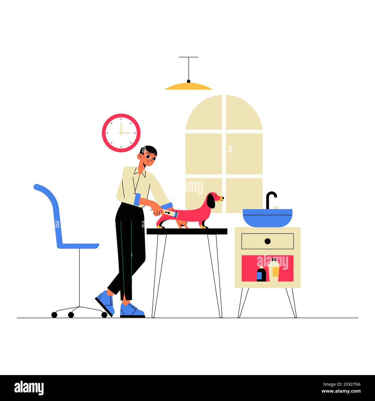 Male Groomer Trimming A Dog In Flat Vector Illustration Symbolizing Pet ...