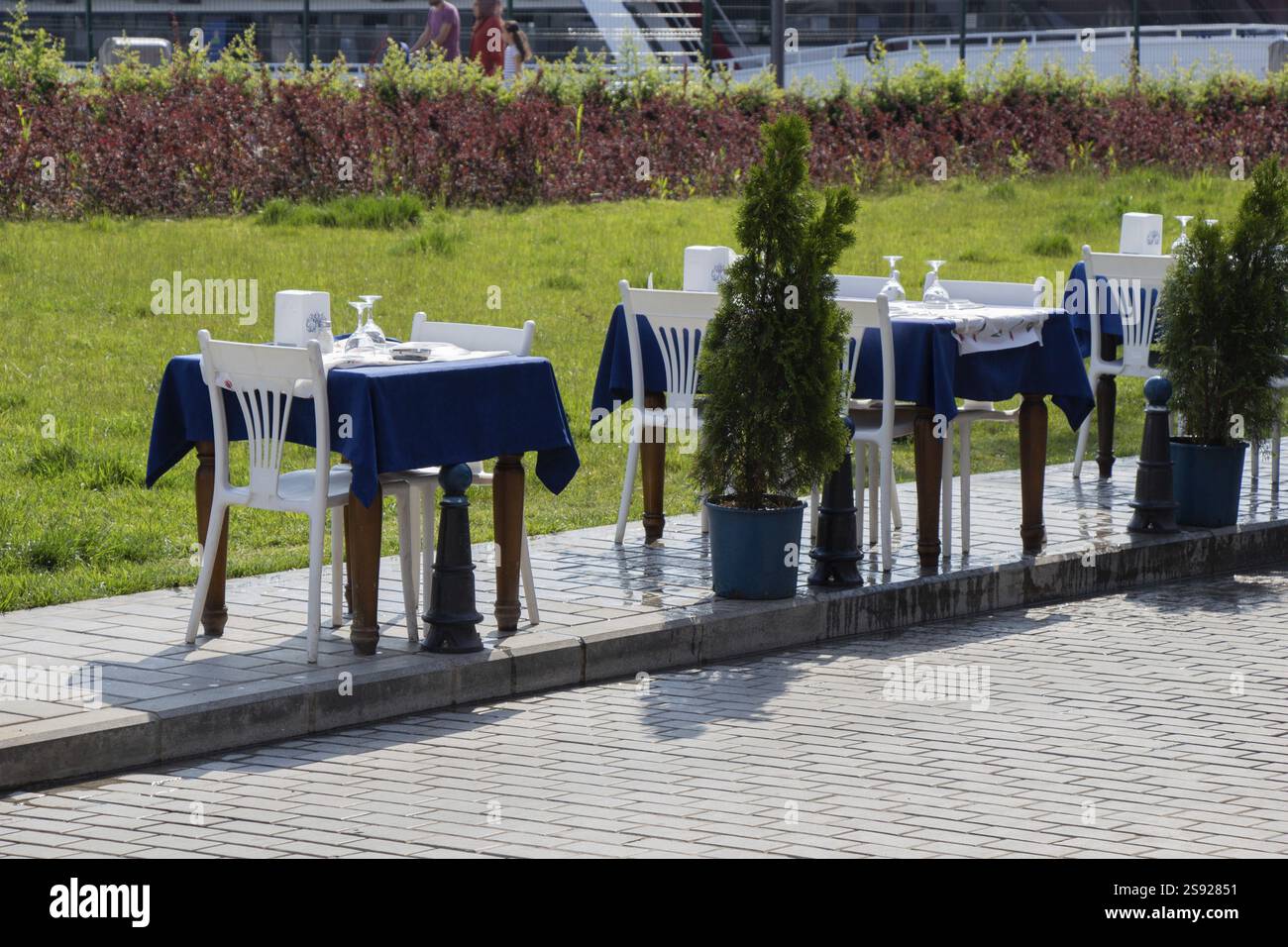 Empty beautiful tables and chairs at lockdown city street, coronavirus ...