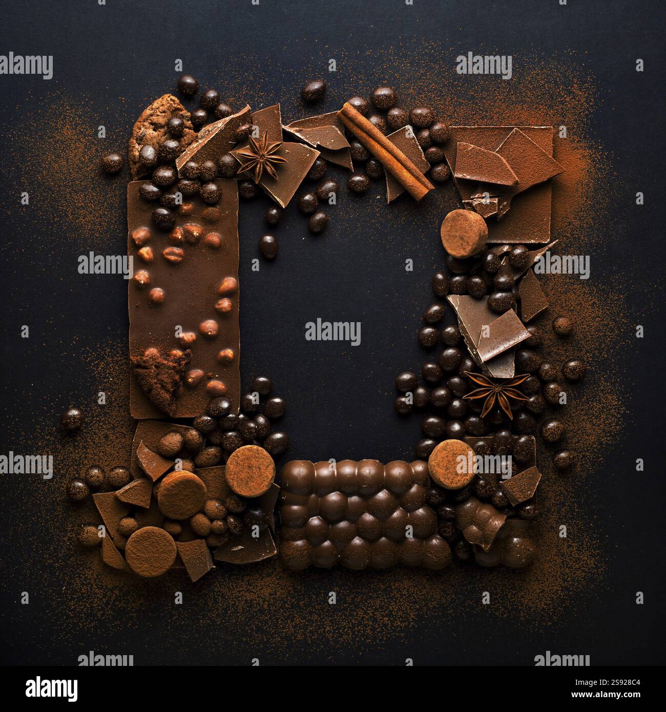 Creative concept photo of chocolate frame on black background Stock ...