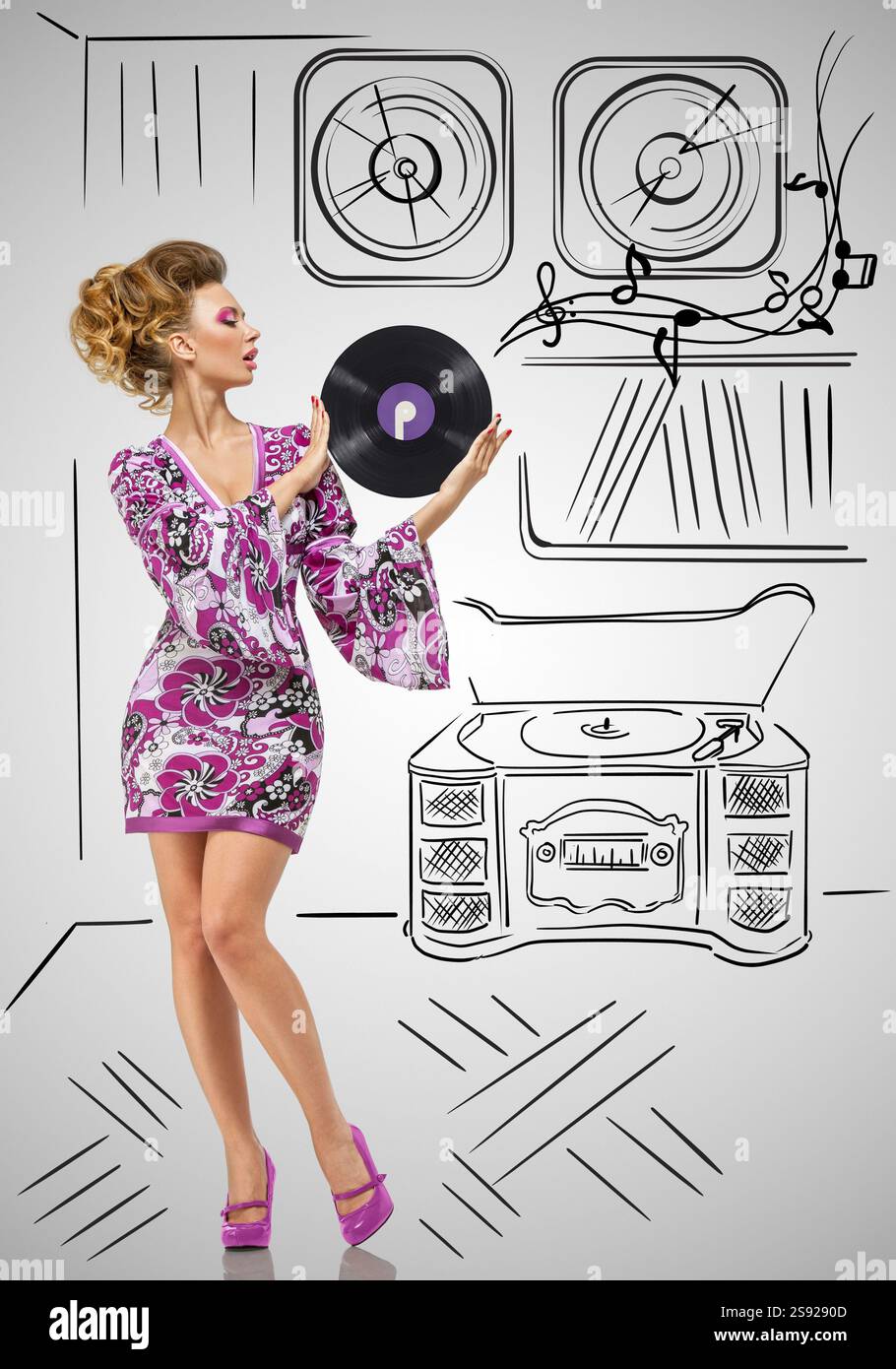 Colourful photo of a fashionable hippie housewife holding a purple LP ...