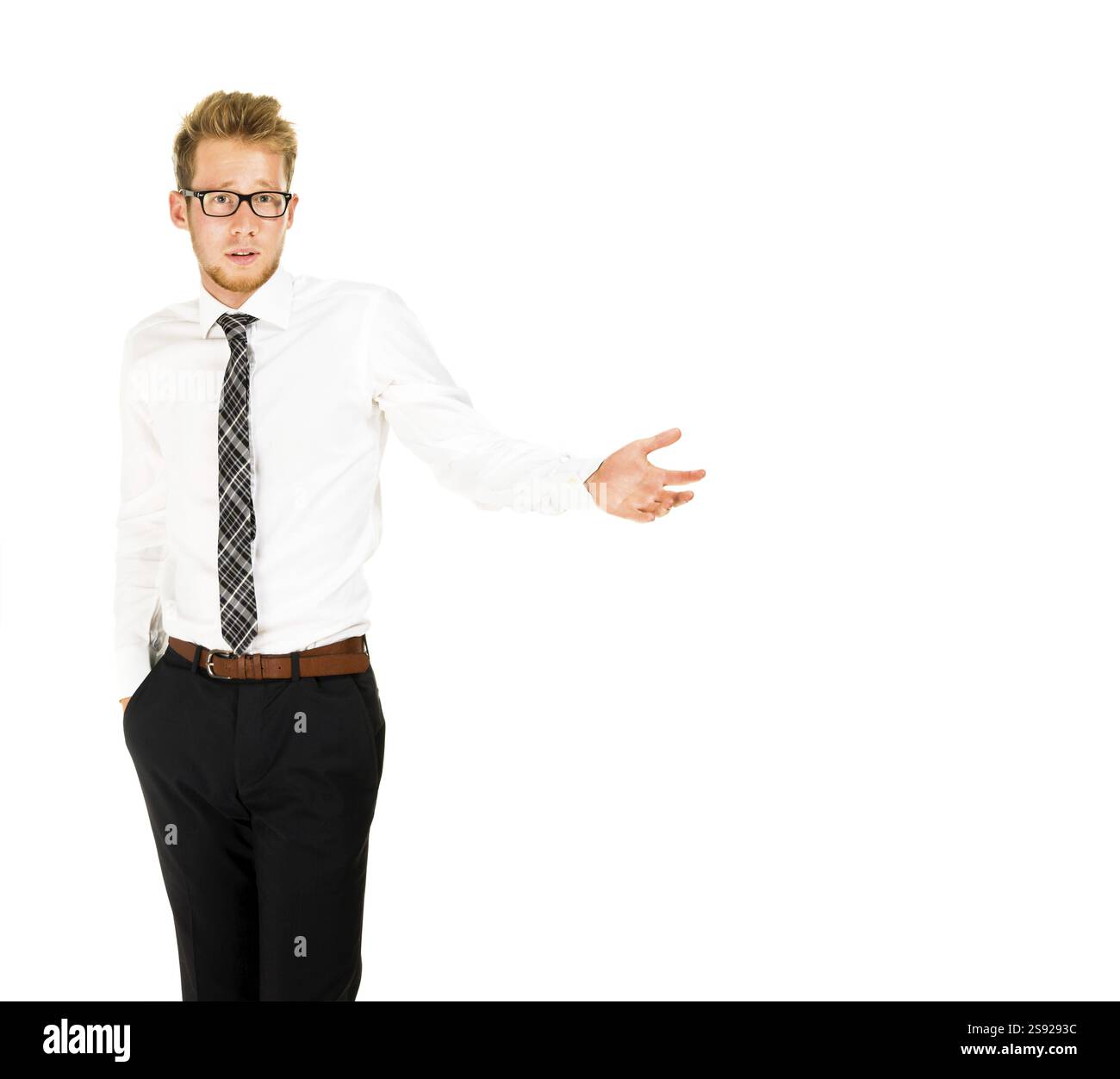 Portrait of a smart young businessman in half-length against a white ...