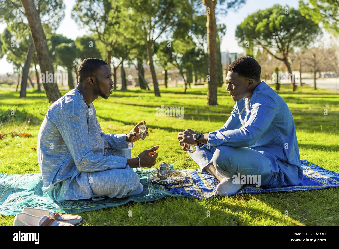 Two senegalese men sharing a moment of relaxation, drinking tea in a ...