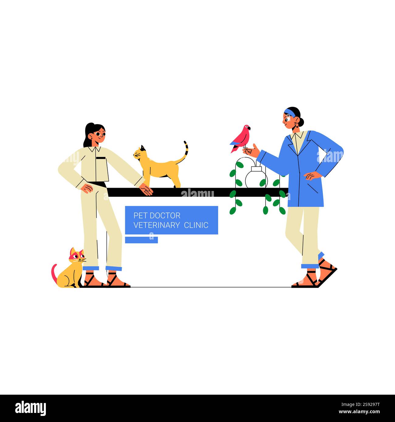 Veterinary Clinic With Cats And Birds In Flat Vector Illustration ...