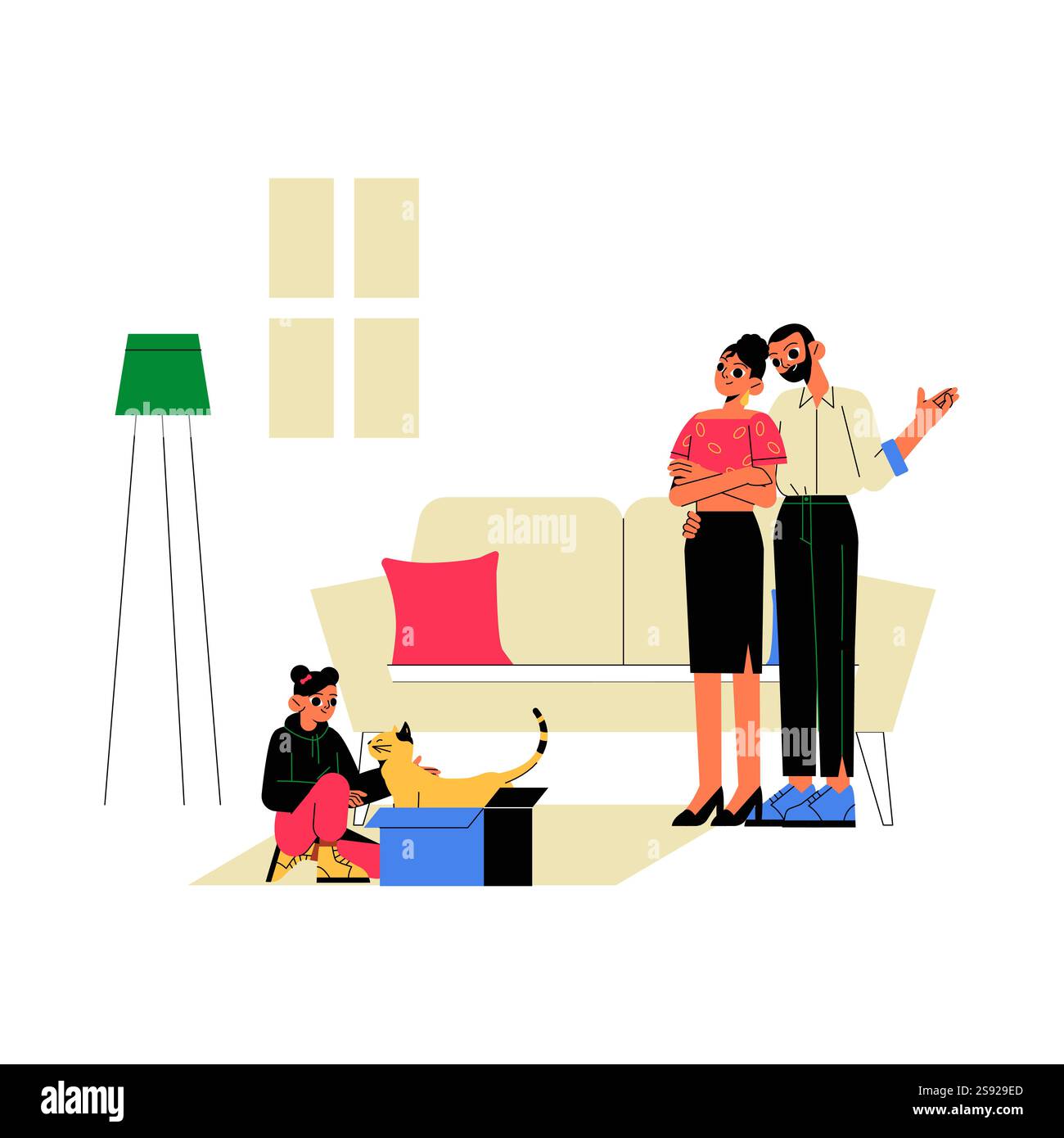 Family Welcoming Adopted Cat In Flat Vector Illustration Symbolizing ...