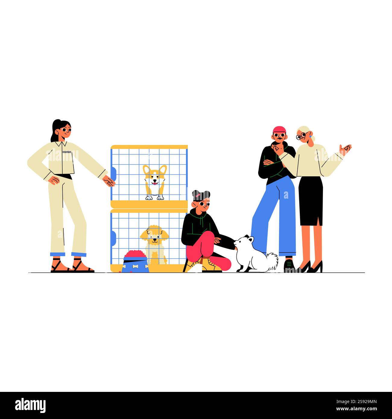 Group Of People And Dogs At Animal Shelter In Flat Vector Illustration ...