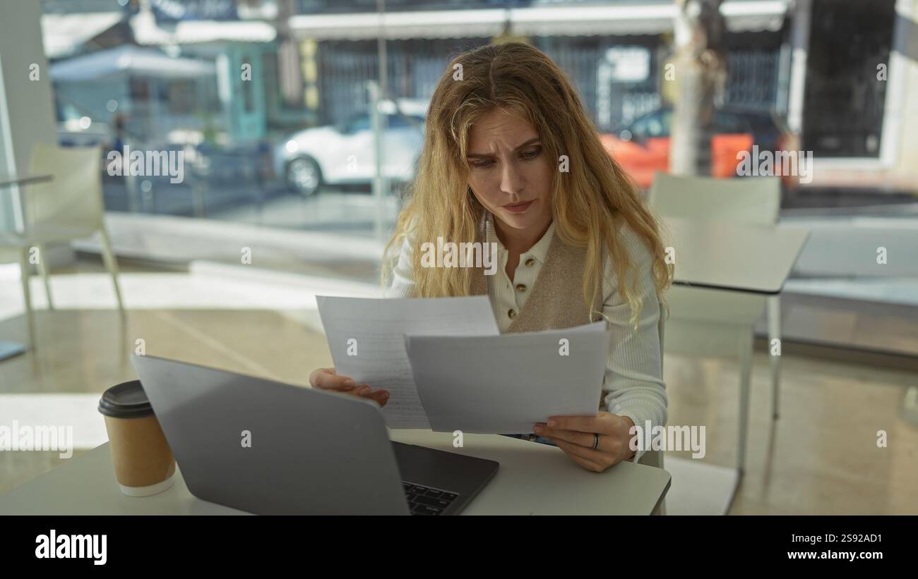 Woman reading documents at a laptop in an office with coffee on the ...