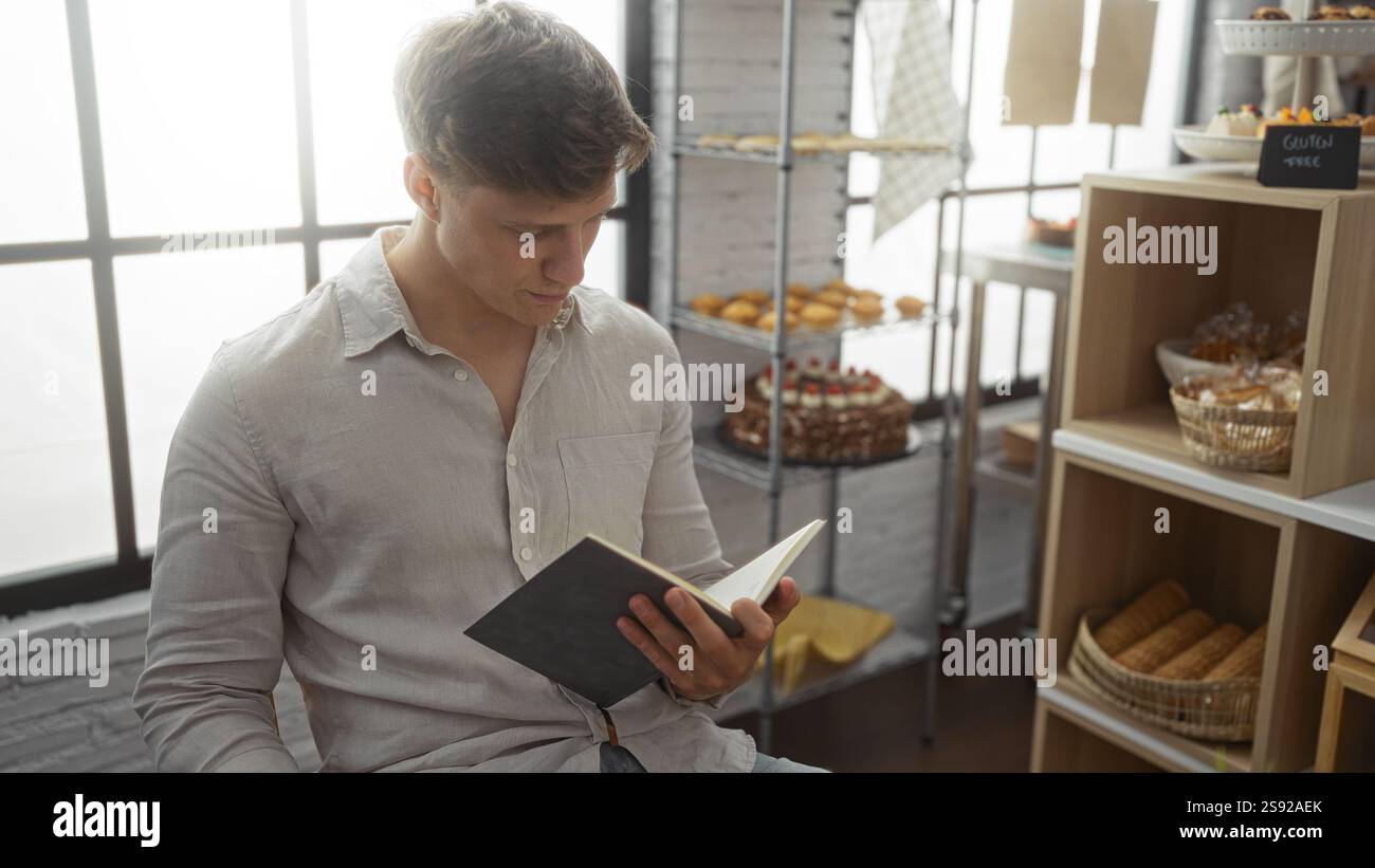 Young man reading book in a bakery, surrounded by breads and cakes ...