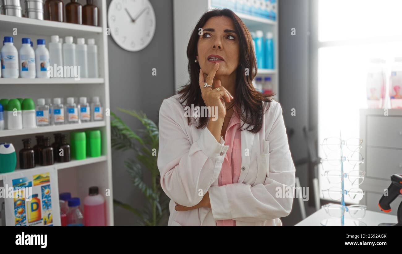 Woman thinking in a pharmacy surrounded by various products, wearing a ...