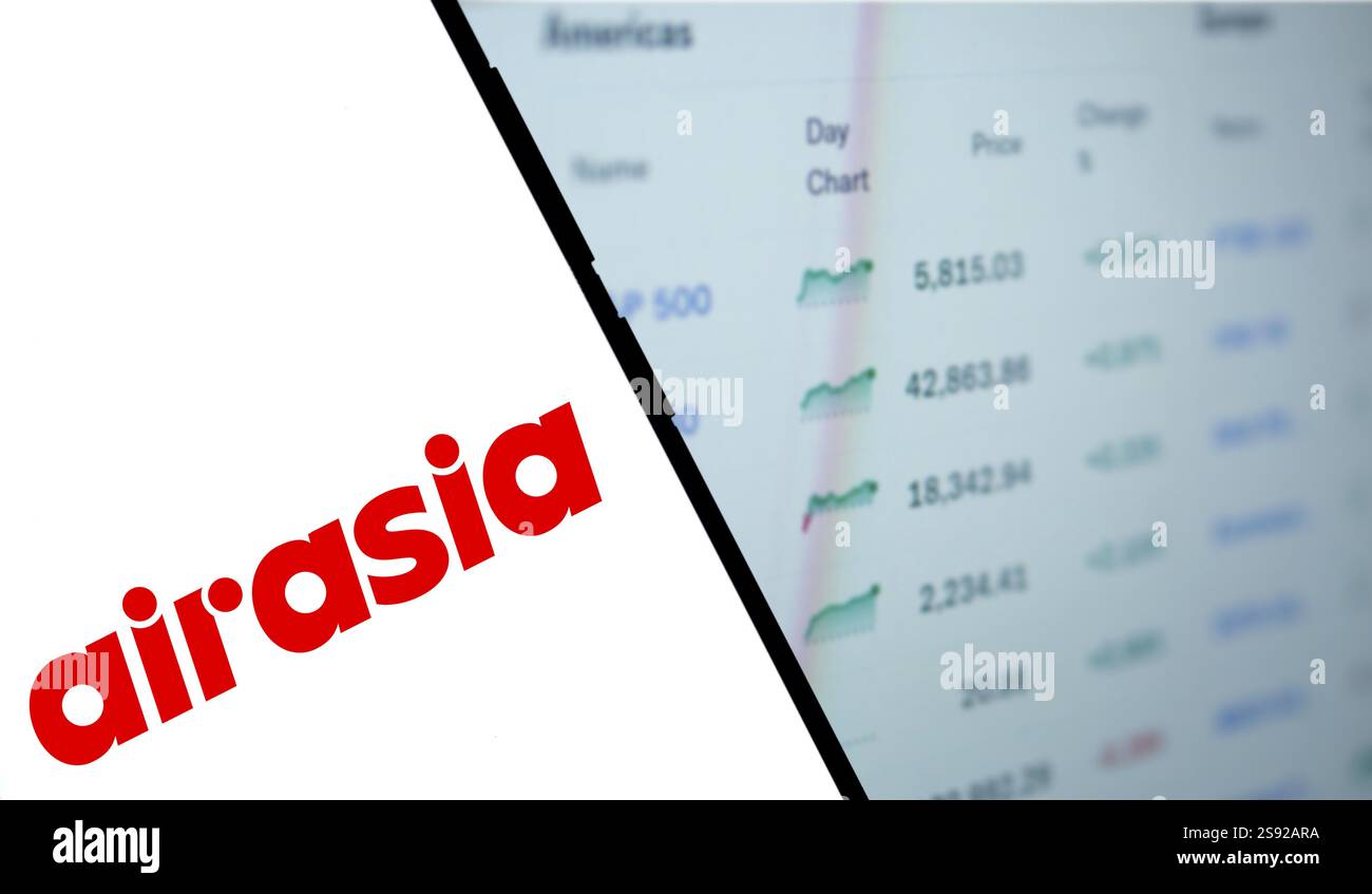 Dhaka, Bangladesh- 19 Jan 2025: airasia logo is displayed on smartphone ...