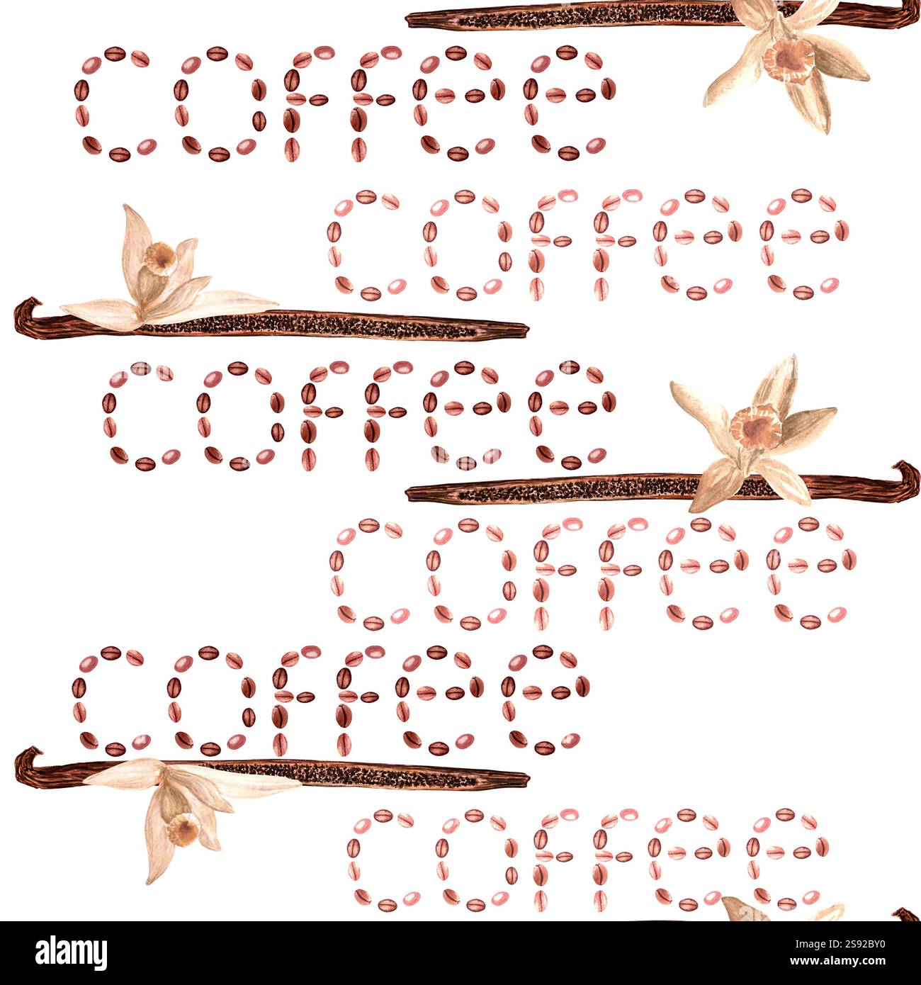 word coffee written with the beans and vanilla bean with flowers ...