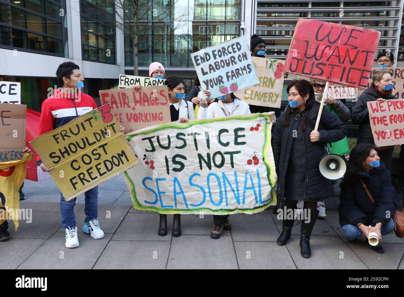 London, England. 24th January 2025. Migrant farm workers protest about ...