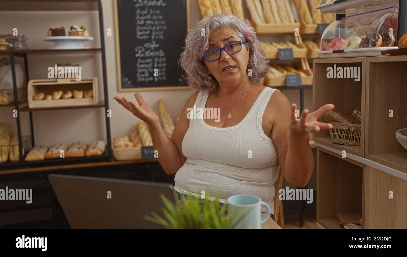 Woman with grey hair talking inside a bakery with shelves of bread and ...
