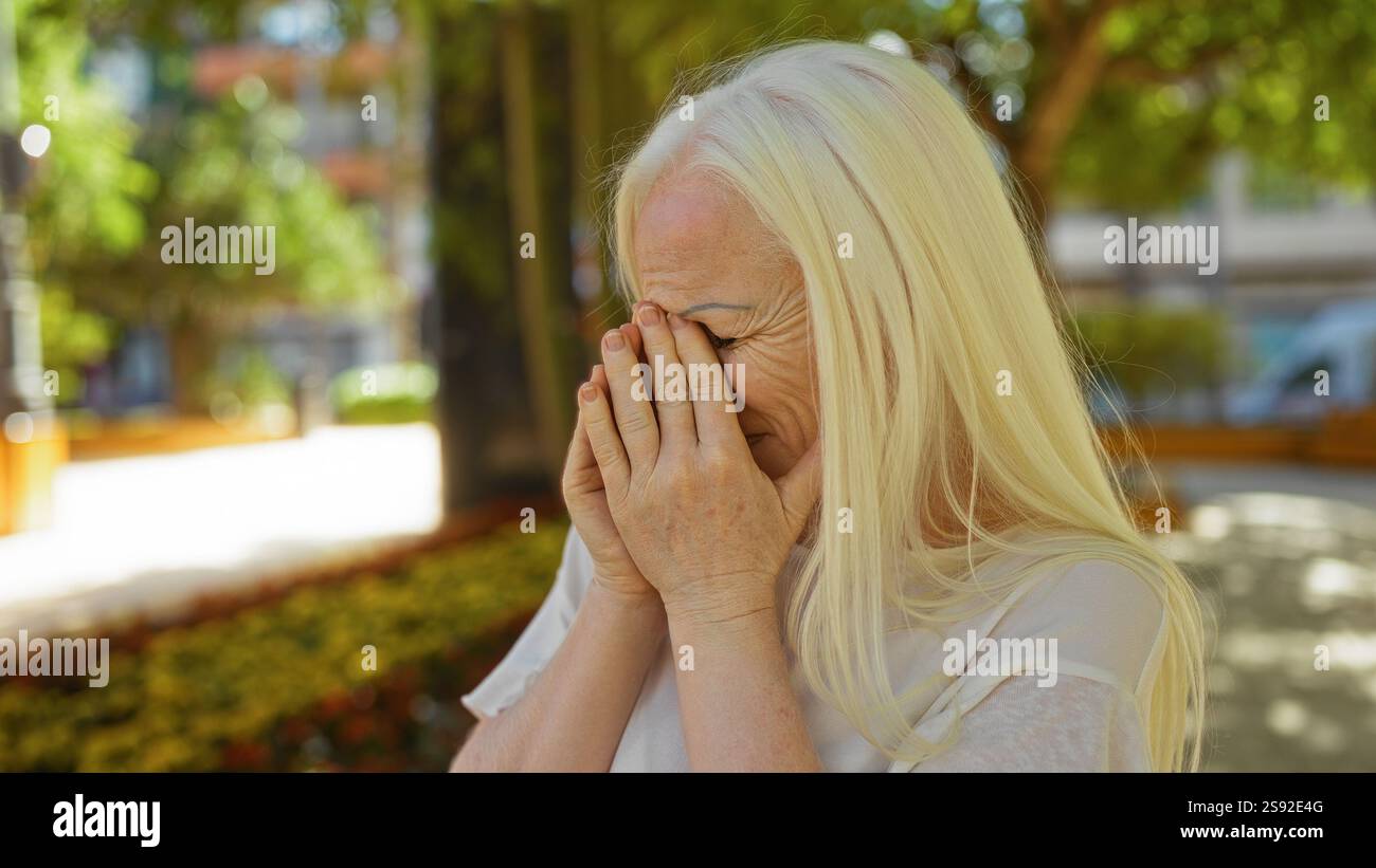 Woman with albinism stands in an urban park, hands covering face ...
