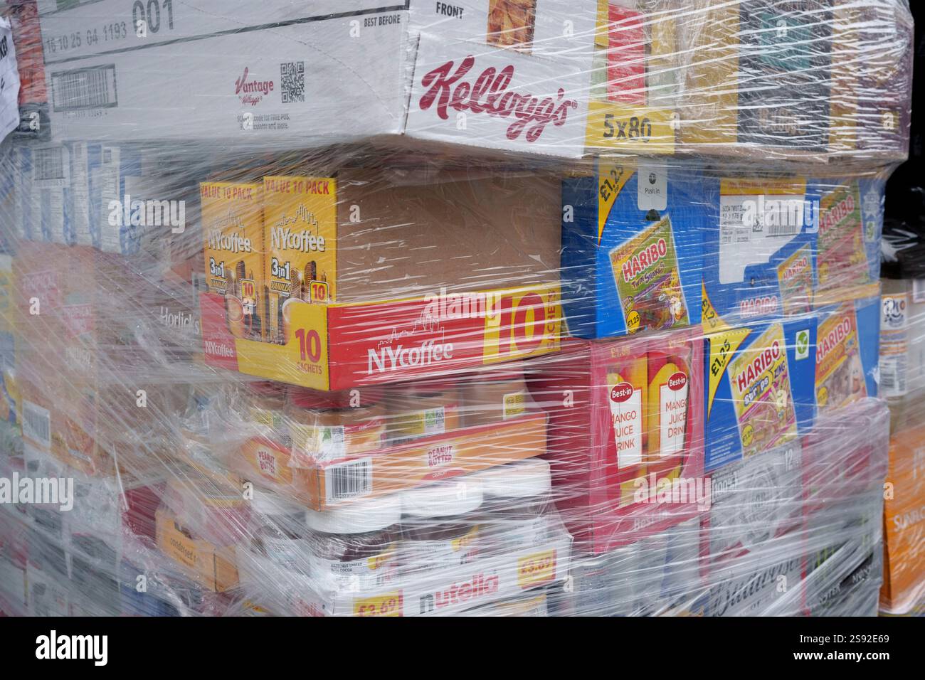 A detail close-up view of a retailer's new order of foodstuffs and ...