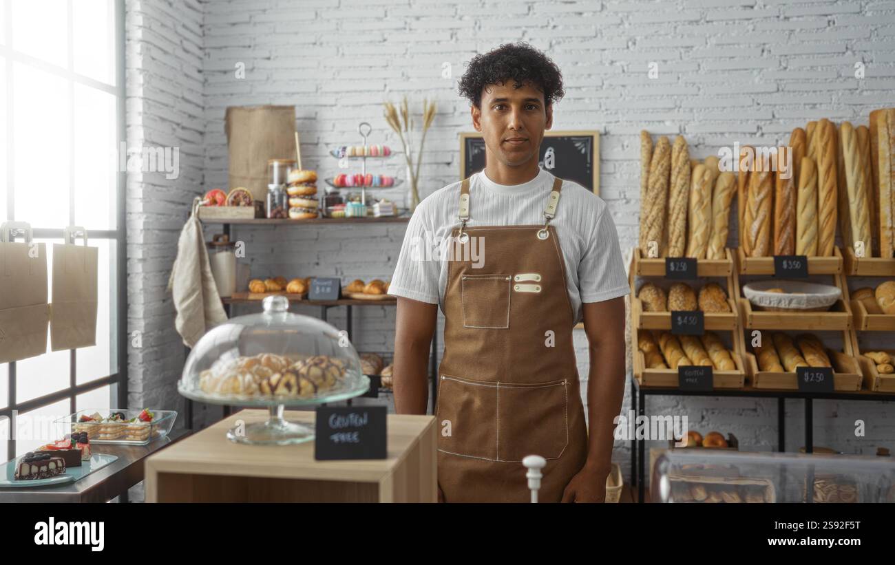 Young hispanic man standing in a bakery shop with bread and pastries on ...