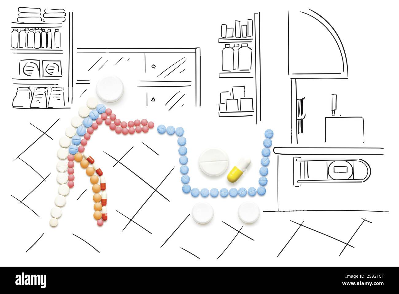 Creative medicine and healthcare concept of pills, drugs in shopping ...