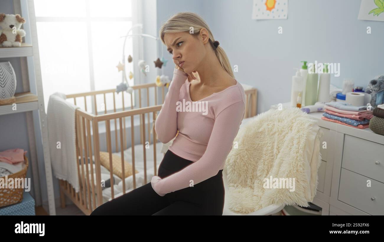 Woman sitting on a chair in a cozy bedroom with a thoughtful expression ...
