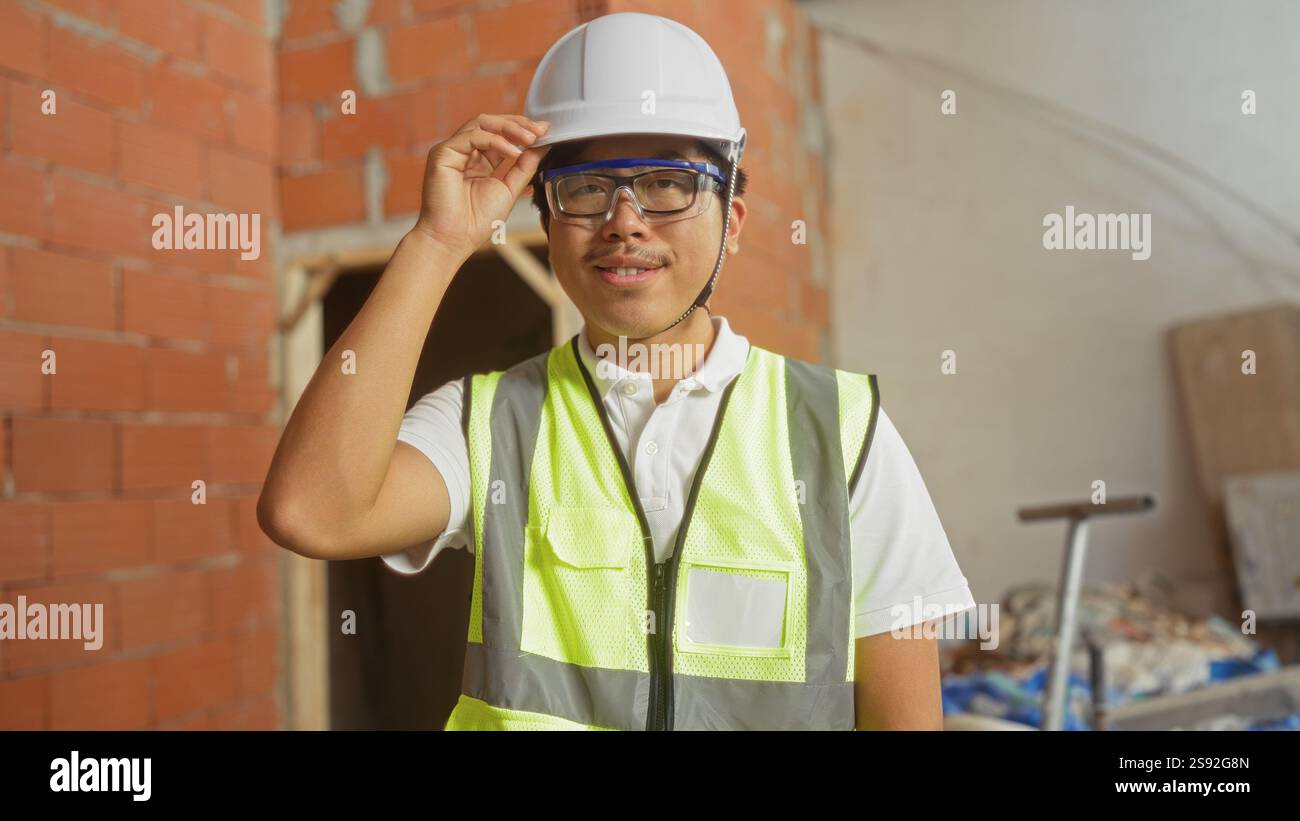 Young chinese man wearing a safety helmet and reflective vest smiling ...