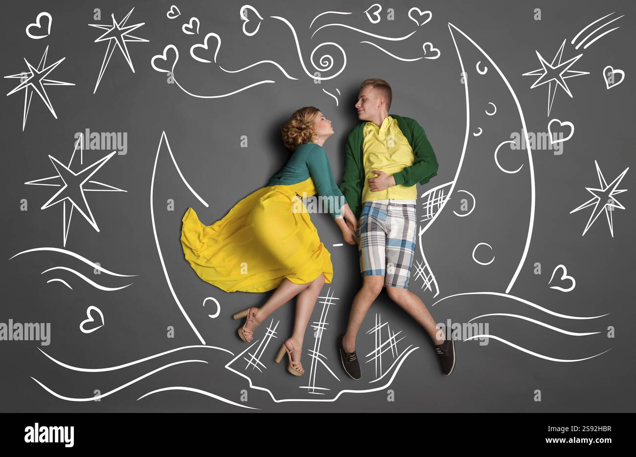 Happy valentines love story concept of a romantic couple swimming on ...