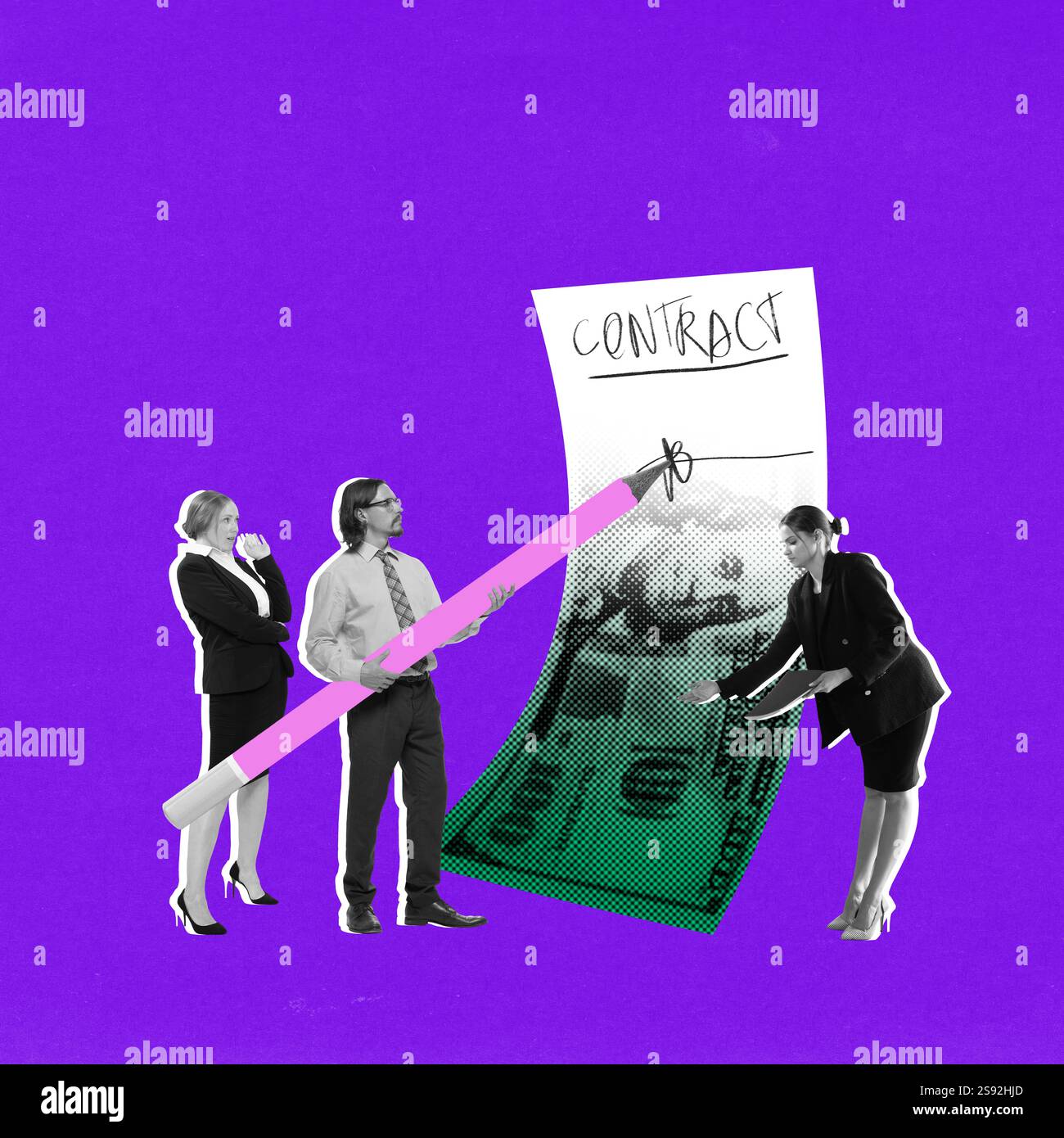 Conceptual artwork. Business people, make a deal, sign contract with ...