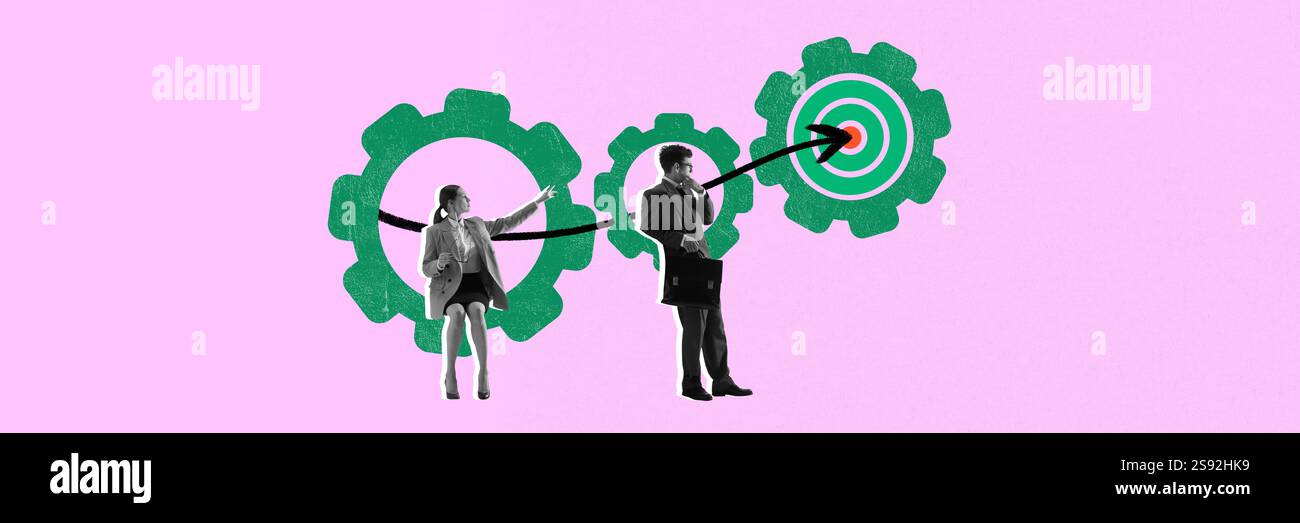 Modern art collage. Young business people cooperating against pink ...