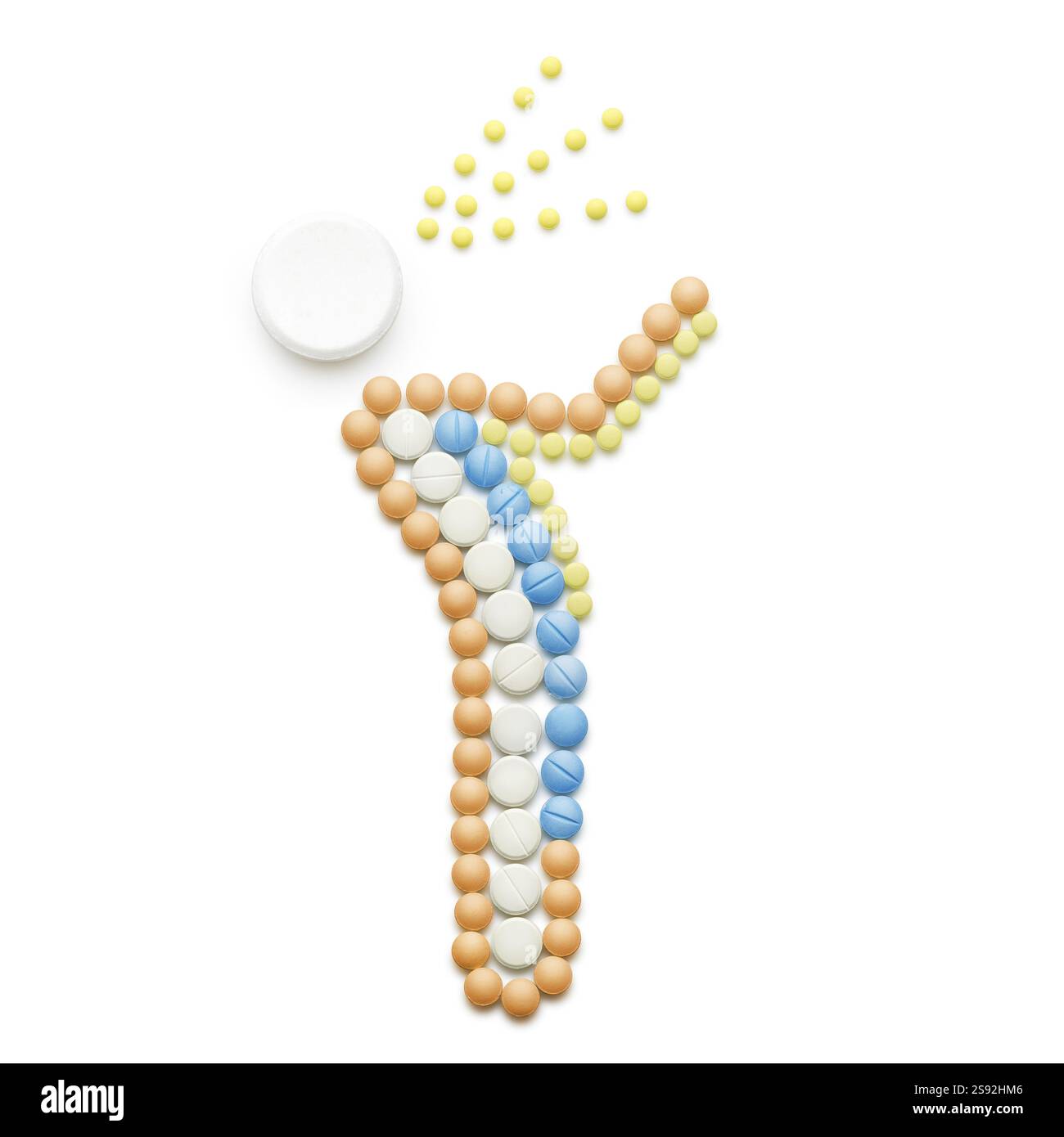 Creative health concept of drugs and pills, against a white background ...