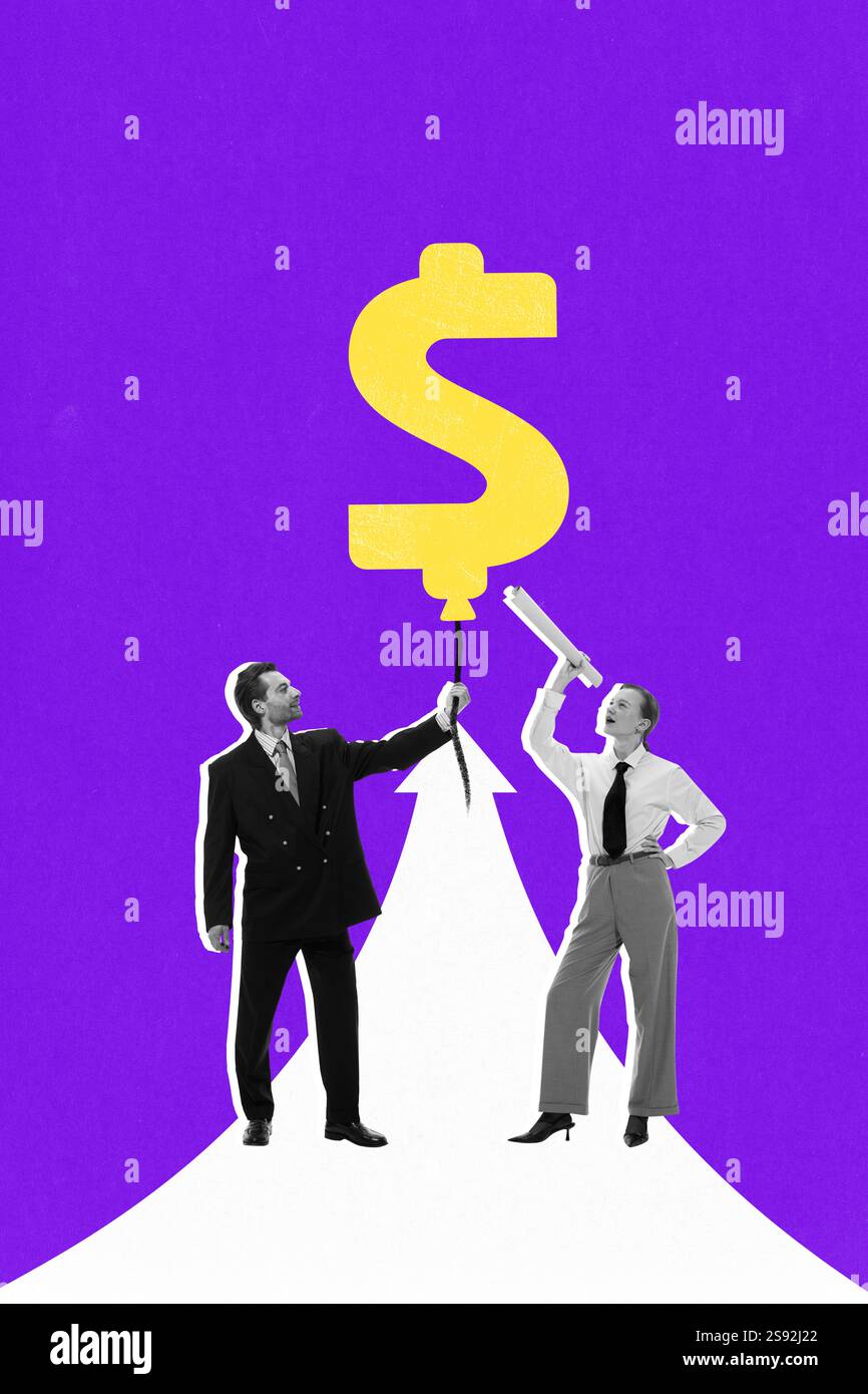 Modern art collage. Two people hold large money sign balloon, standing ...