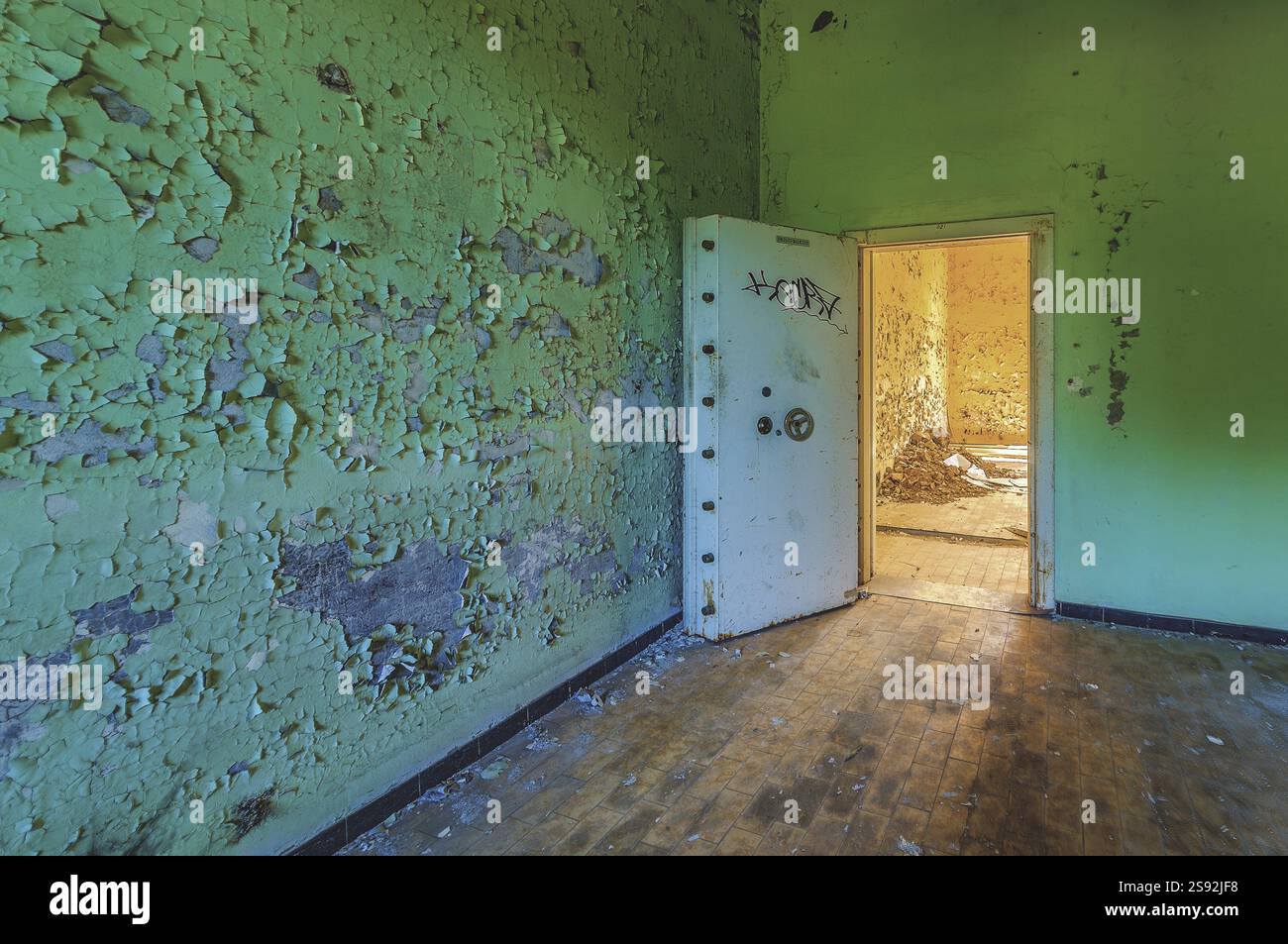 An old room with green, peeling paint on the walls and an open door ...