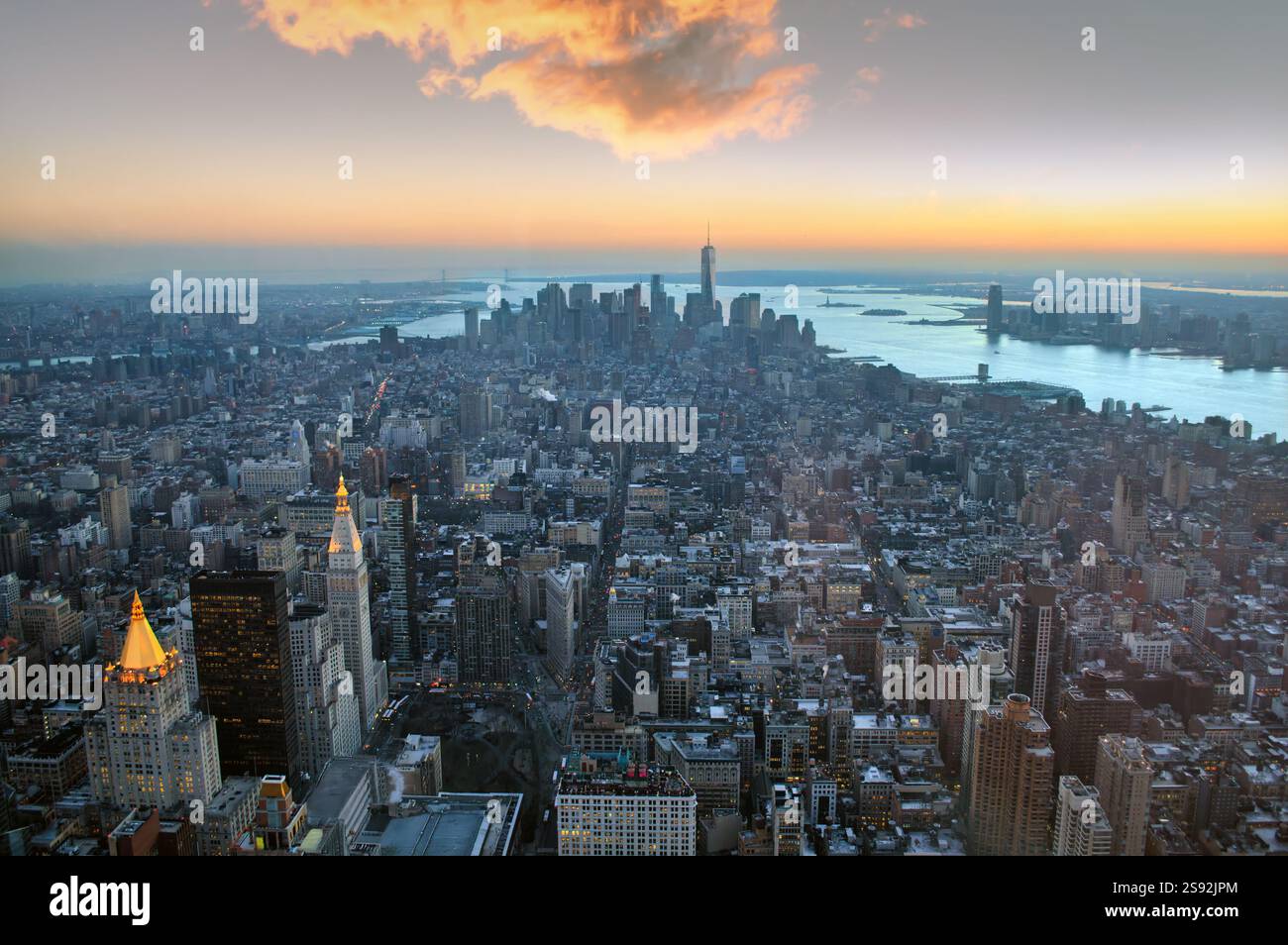 Manhattan skyscrapers high rise buildings in Midtown Manhattan and the East River, aerial view ...