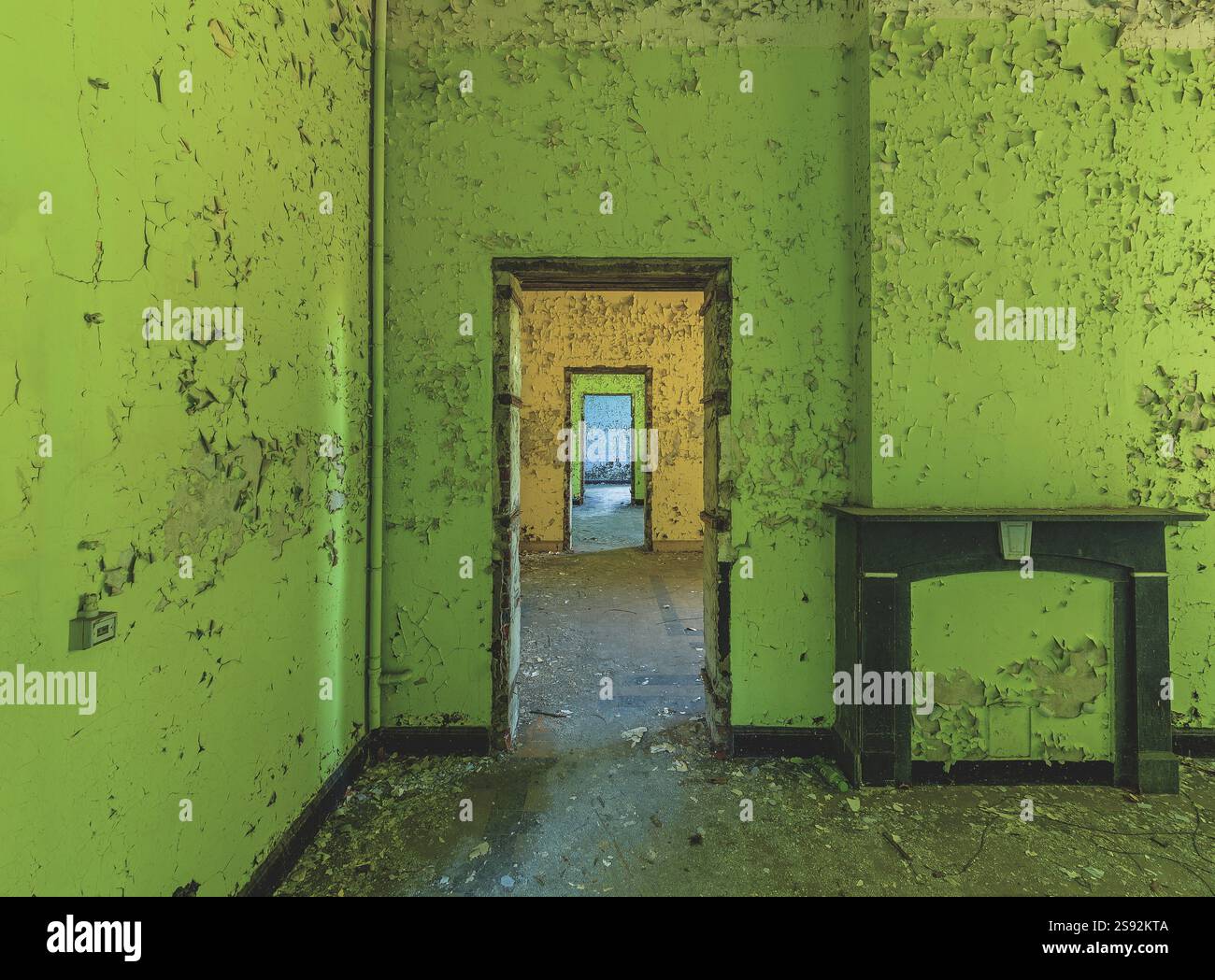 Dilapidated room with bright green wall colour and old fireplace ...