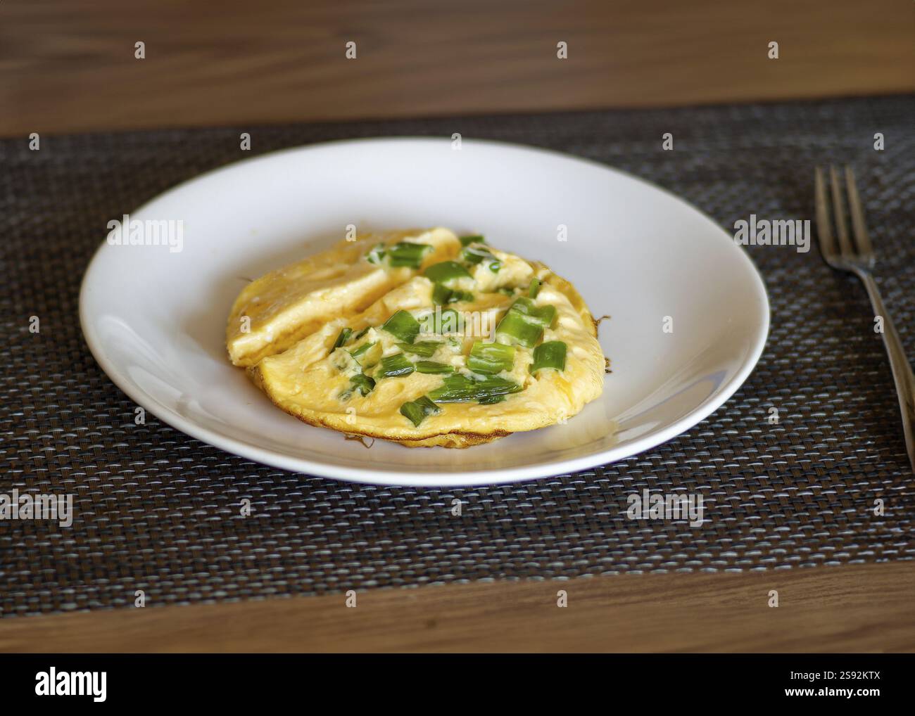 A perfectly cooked omelette, garnished with fresh green onions, sits on ...