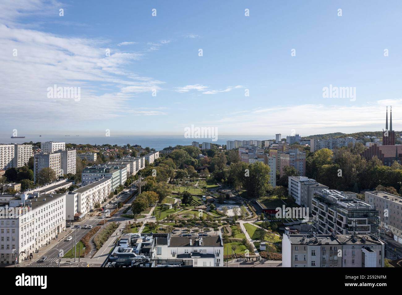 Downtown Gdynia, view of the central park. In the background the Bay of ...