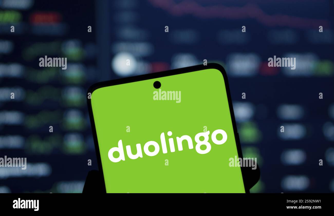 Dhaka, Bangladesh- 6 Jan 2025: Duolingo logo is displayed on smartphone. Duolingo Inc is an ...
