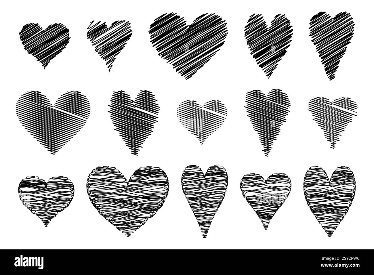hand drawn heart set collection scribble markers hearts isolated on ...