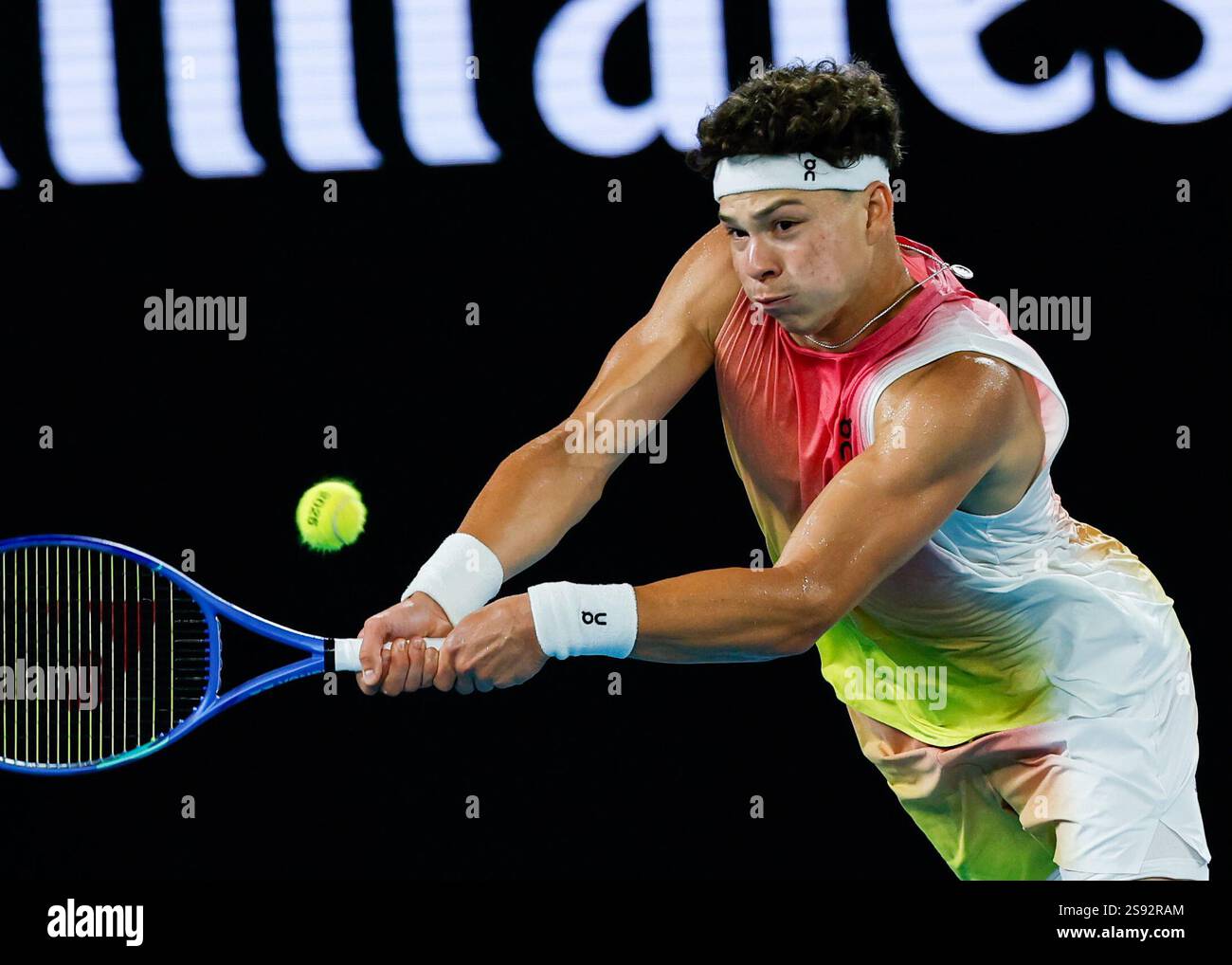 (250124) -- MELBOURNE, Jan. 24, 2025 (Xinhua) -- Ben Shelton hits a return during the men's ...