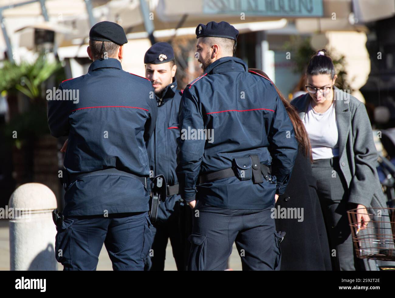 City patrol by Italian police, protecting the town's central district ...